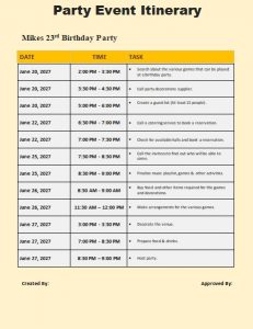 10+ Party Event Itinerary | Template Business PSD, Excel, Word, PDF