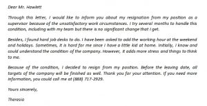 Resignation Letter Due to Unsatisfactory Work Circumstances to Get ...