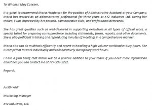 Administrative Assistant Recommendation letter and its great example ...