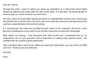 Restaurant Resignation Letter to Quit the Job Politely | Template ...